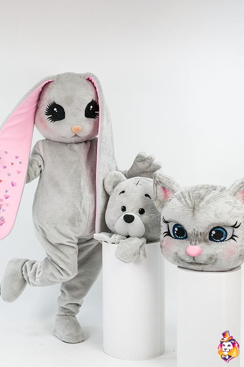 Three super mascots gray mascot costume